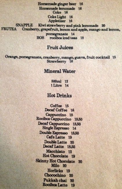 Menu at Greengate restaurant, Stellenbosch