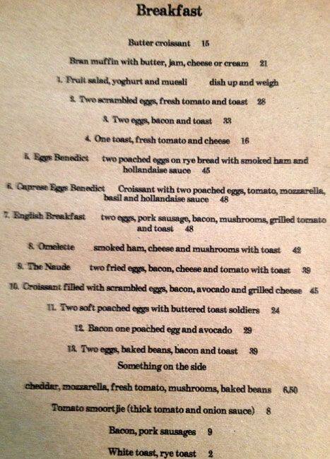 Menu at Greengate restaurant, Stellenbosch