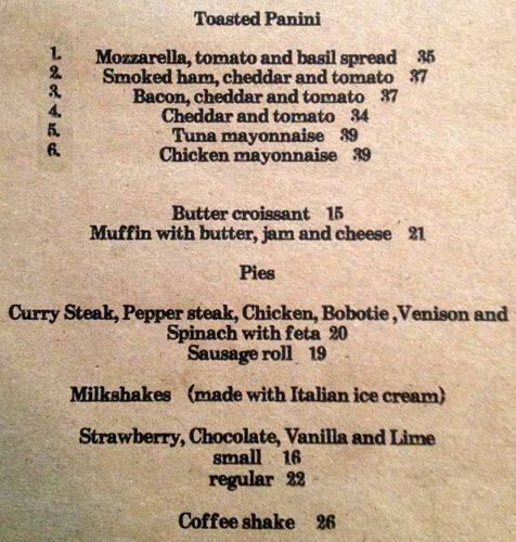 Menu at Greengate restaurant, Stellenbosch