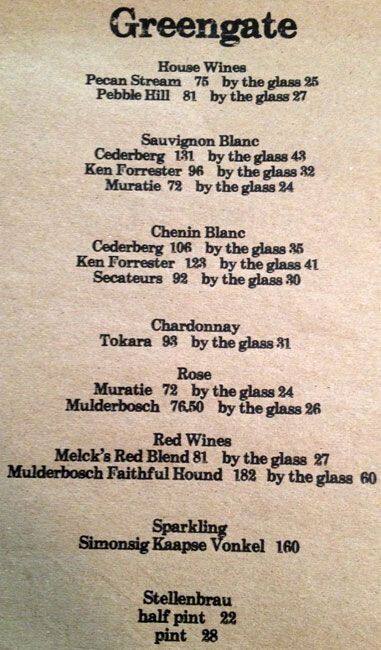 Menu at Greengate restaurant, Stellenbosch