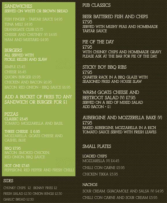 Menu at The Deansgate pub & bar, Manchester