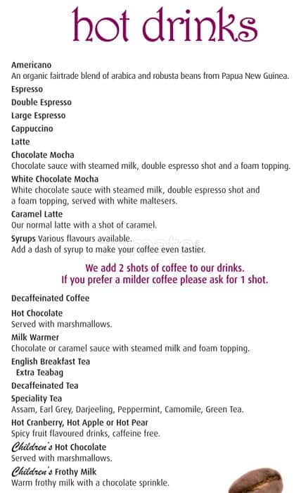 Menu at Pomegranate cafe, Birmingham