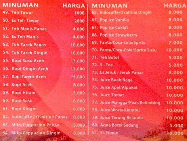 Menu at Waroeng Mie Aceh Bang Iwan restaurant, Jakarta, Jalan Setiabudi ...