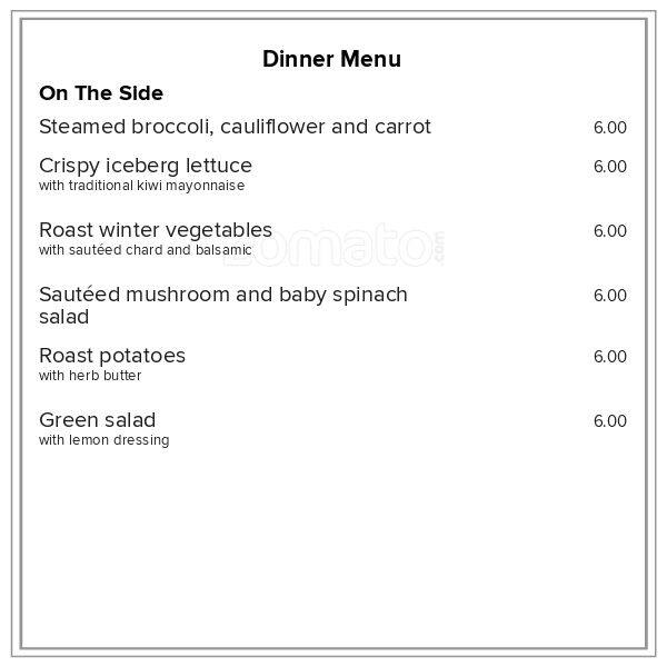 Menu at Plato restaurant, Dunedin