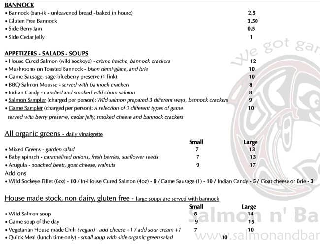 Menu at Salmon n' Bannock restaurant, Vancouver