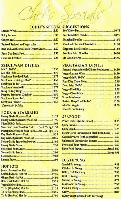 Menu at China Sail restaurant, Prince George