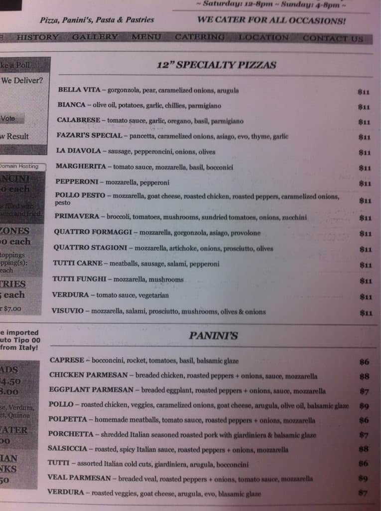 Menu au Fazari's cucina pizzeria, Hamilton