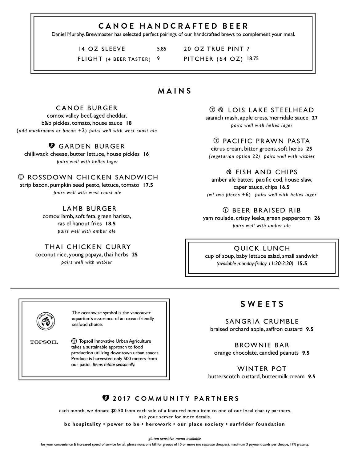 Menu at Canoe Brewpub, Victoria