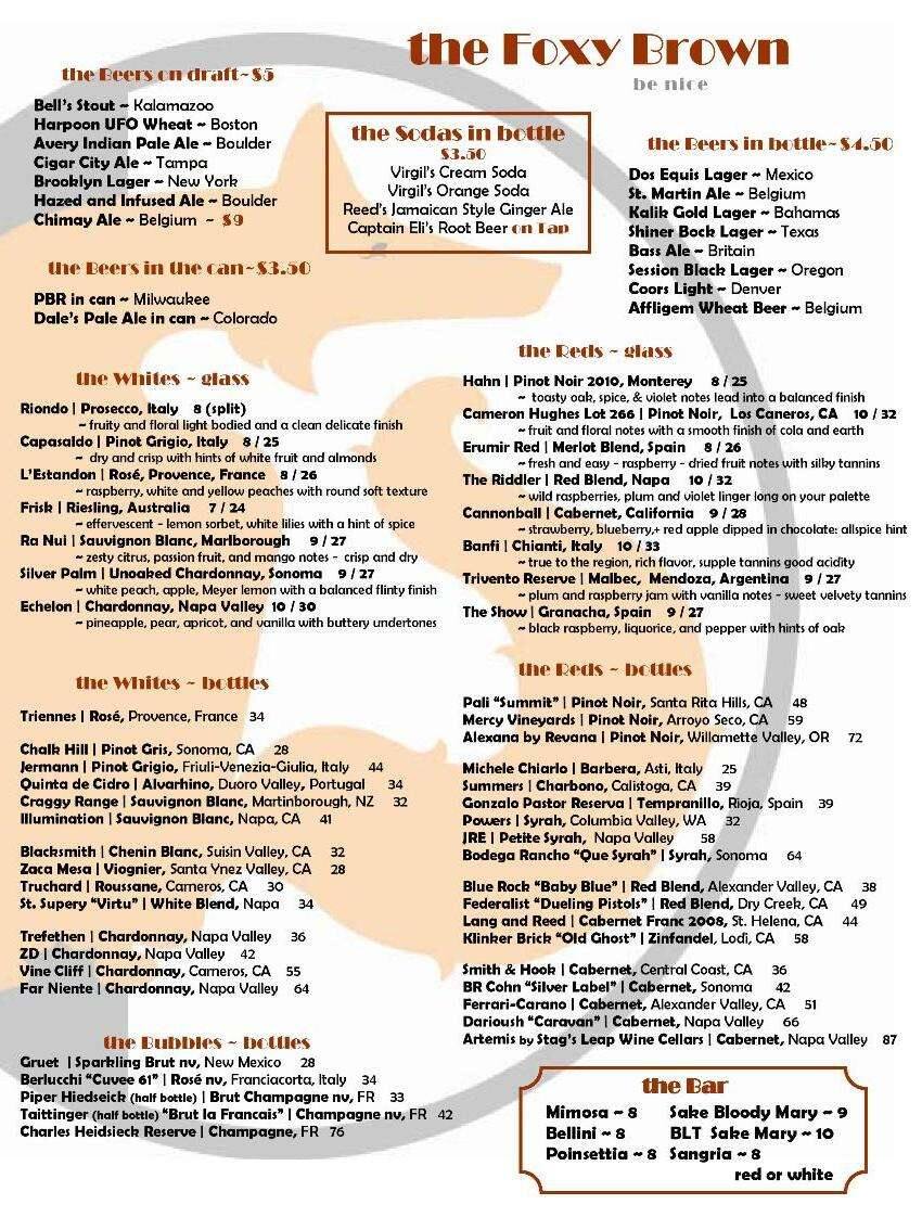 Menu at Foxy Brown restaurant, Fort Lauderdale