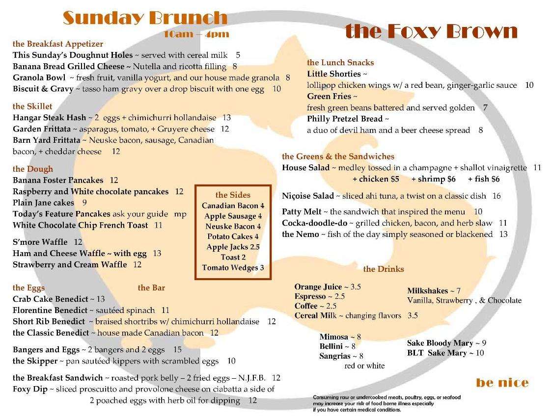 Menu at Foxy Brown restaurant, Fort Lauderdale