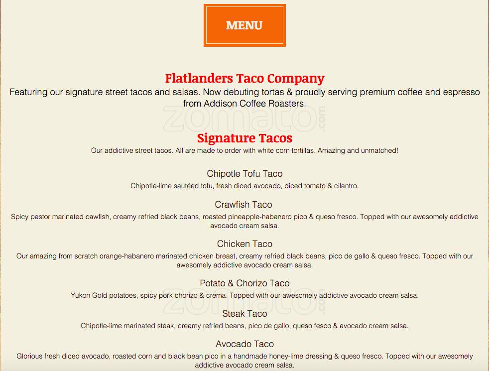 Flatlanders Taco Company Menu, Menu for Flatlanders Taco Company ...