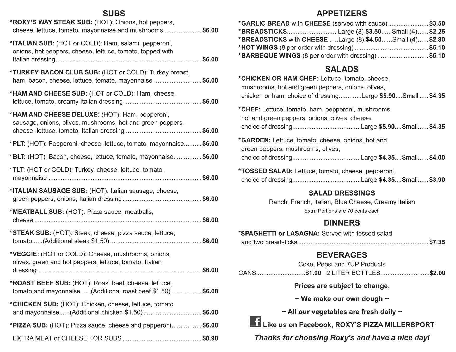 Menu at Roxy's Pizza & Restaurant, Millersport, Lancaster St