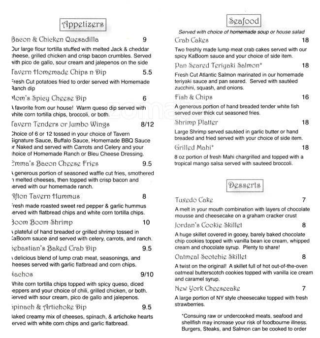 Menu at Afton Tavern pub & bar, Concord, 355 John Galt Way NW