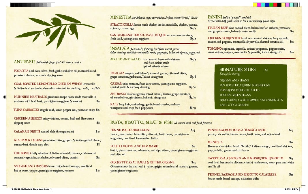 Menu at Mia Margherita pizzeria, Bridgeport