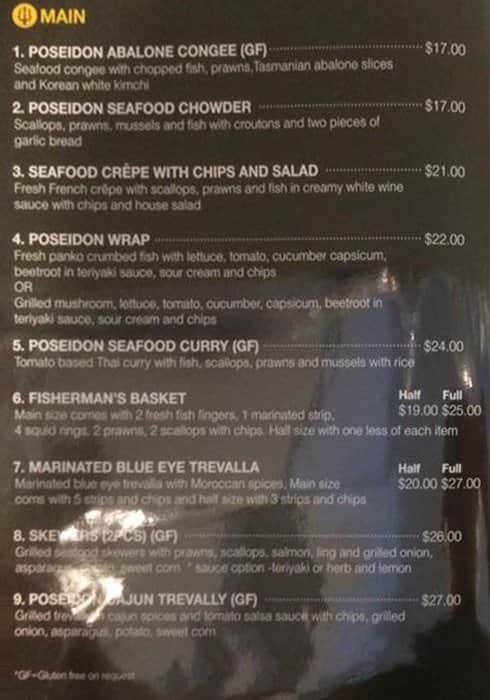 Menu at Poseidon restaurant, Sandy Bay, 50 King St