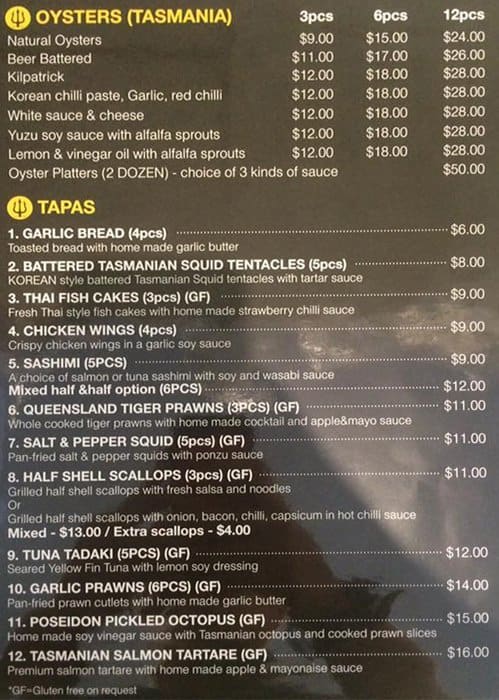 Menu at Poseidon restaurant, Sandy Bay, 50 King St