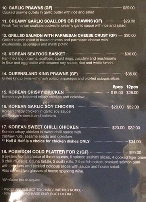 Menu at Poseidon restaurant, Sandy Bay, 50 King St