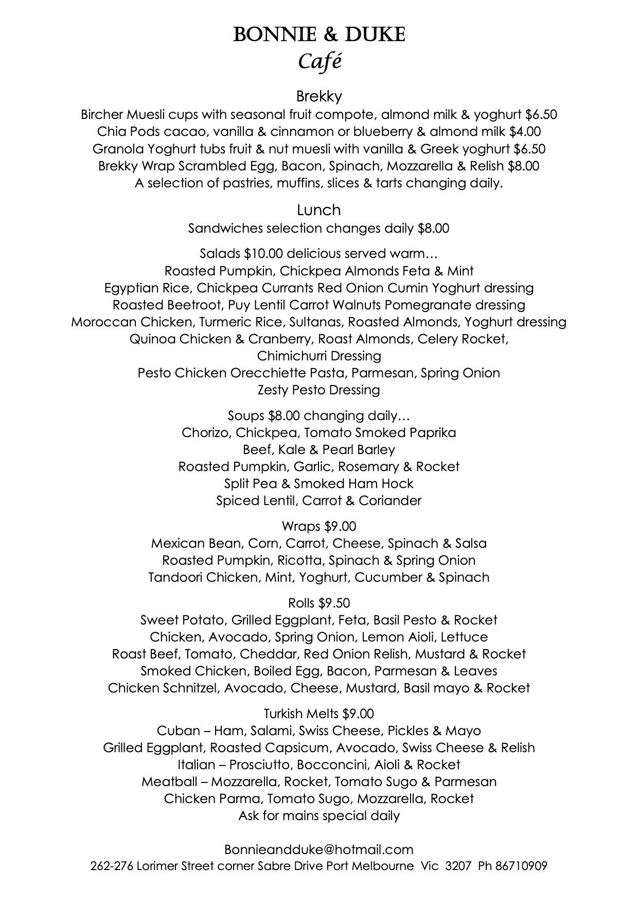 Menu at Bonnie & Duke Cafe and Grocer, Port Melbourne