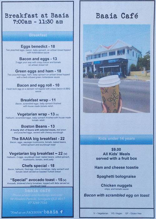 Menu at Baaia cafe, Sandgate