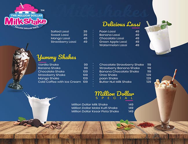 Menu of The Million Dollar Milk Shake, Virar, Mumbai