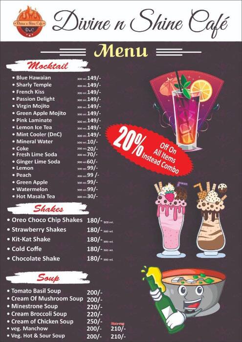 Menu of Divine N Shine Cafe, Vijay Nagar, New Delhi