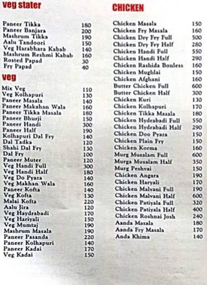 Menu of Hotel Saibaba, Lonavala, Pune