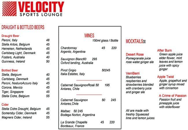 Menu at Velocity pub & bar, Dubai