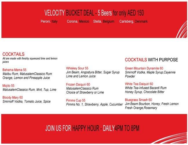 Menu at Velocity pub & bar, Dubai