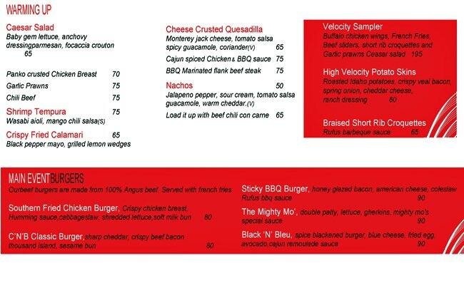 Menu at Velocity pub & bar, Dubai