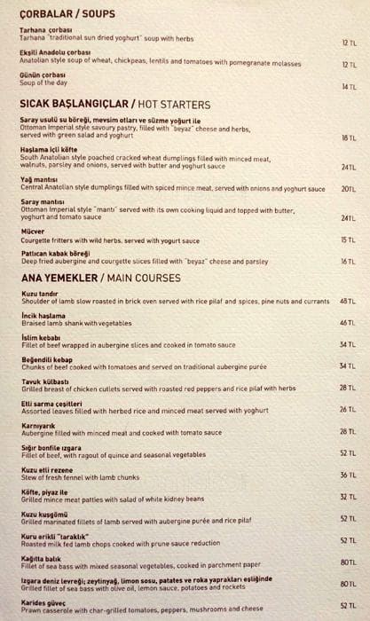 Menu at Nar Lokantası, Istanbul