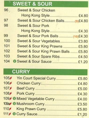 Menu at Yin Court fast food, Upminster