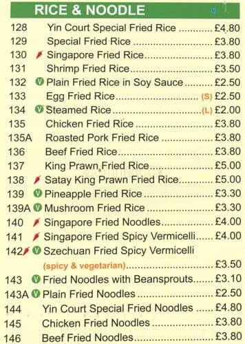 Menu at Yin Court fast food, Upminster