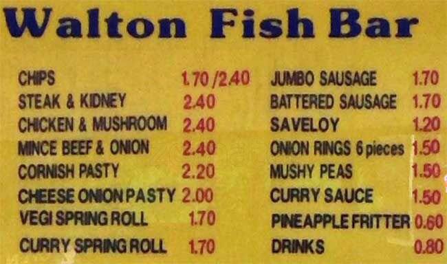 Menu at Walton Fish Bar, Walton-on-Thames