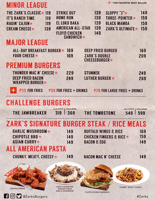 Menu at Zark's Burgers restaurant, Mandaluyong