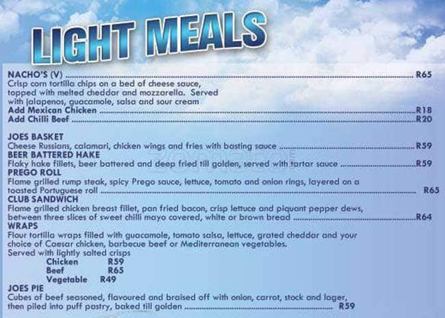 Menu at Joe Cool's club, Durban