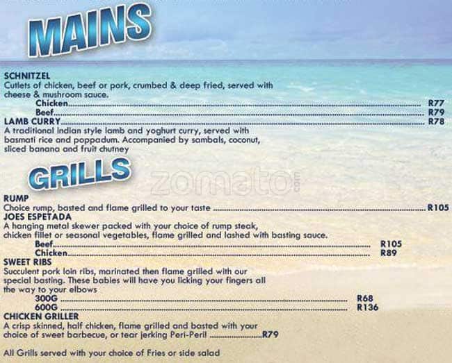 Menu at Joe Cool's club, Durban