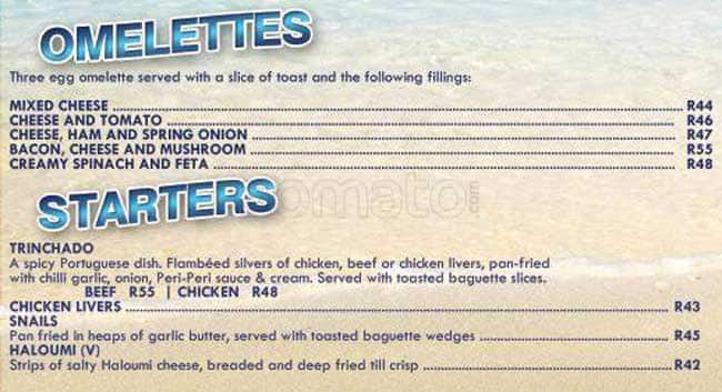 Menu at Joe Cool's club, Durban