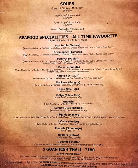 Menu of Kismoor, Panaji, Goa