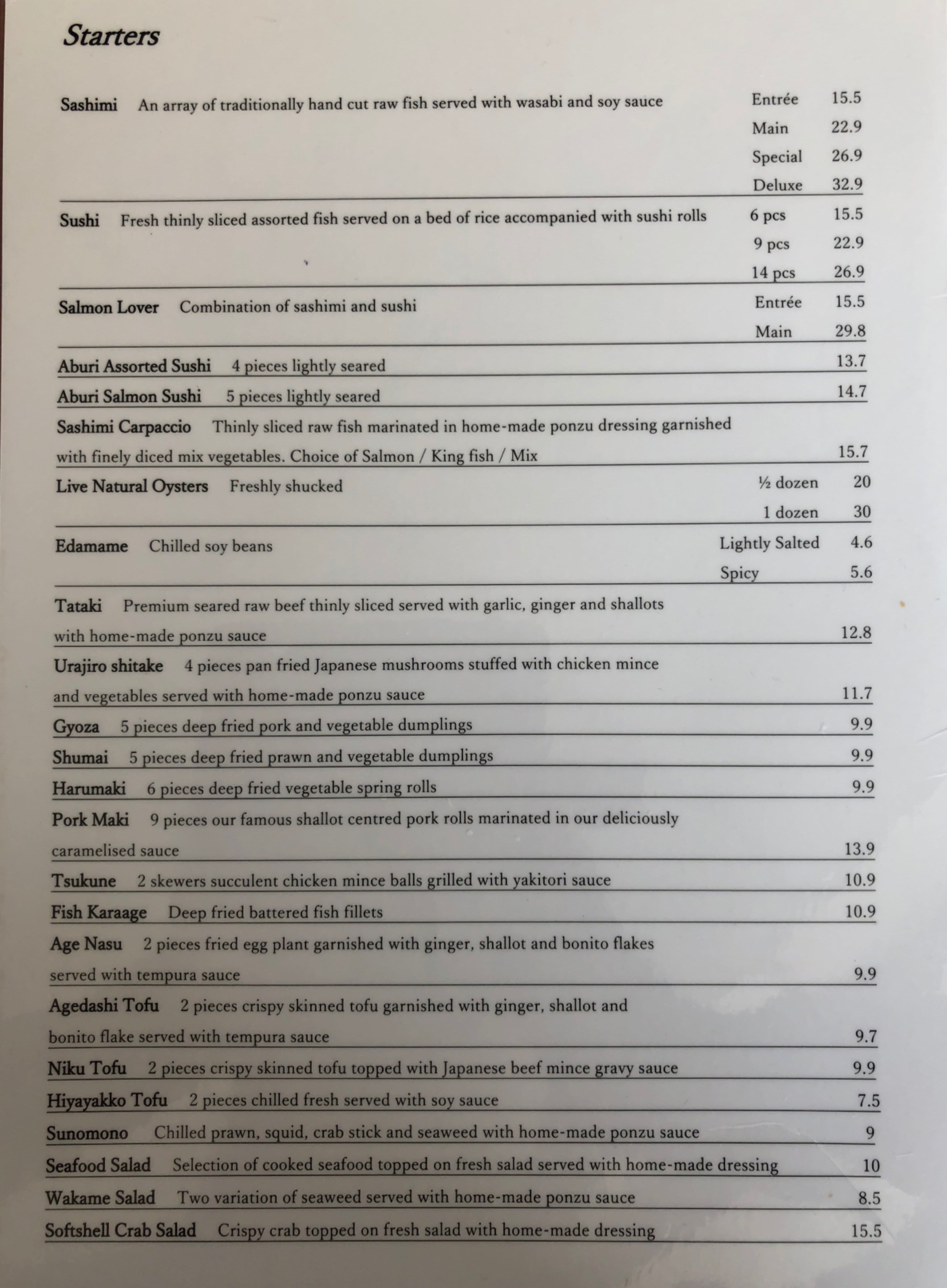 Menu at Kyushu Japanese Restaurant, Neutral Bay