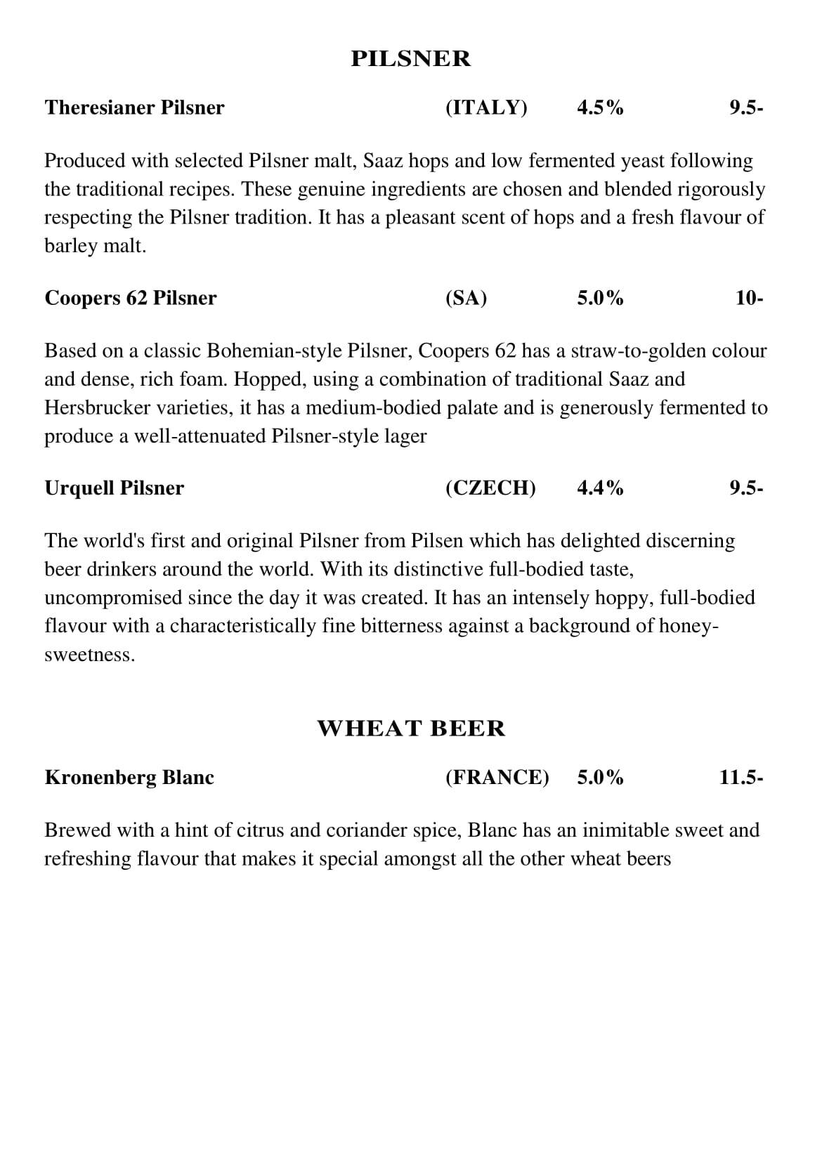 Menu at The Laneway restaurant, Brisbane City