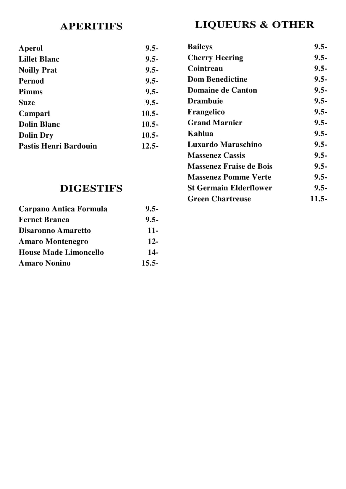 Menu at The Laneway restaurant, Brisbane City