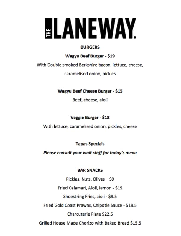 Menu at The Laneway restaurant, Brisbane City