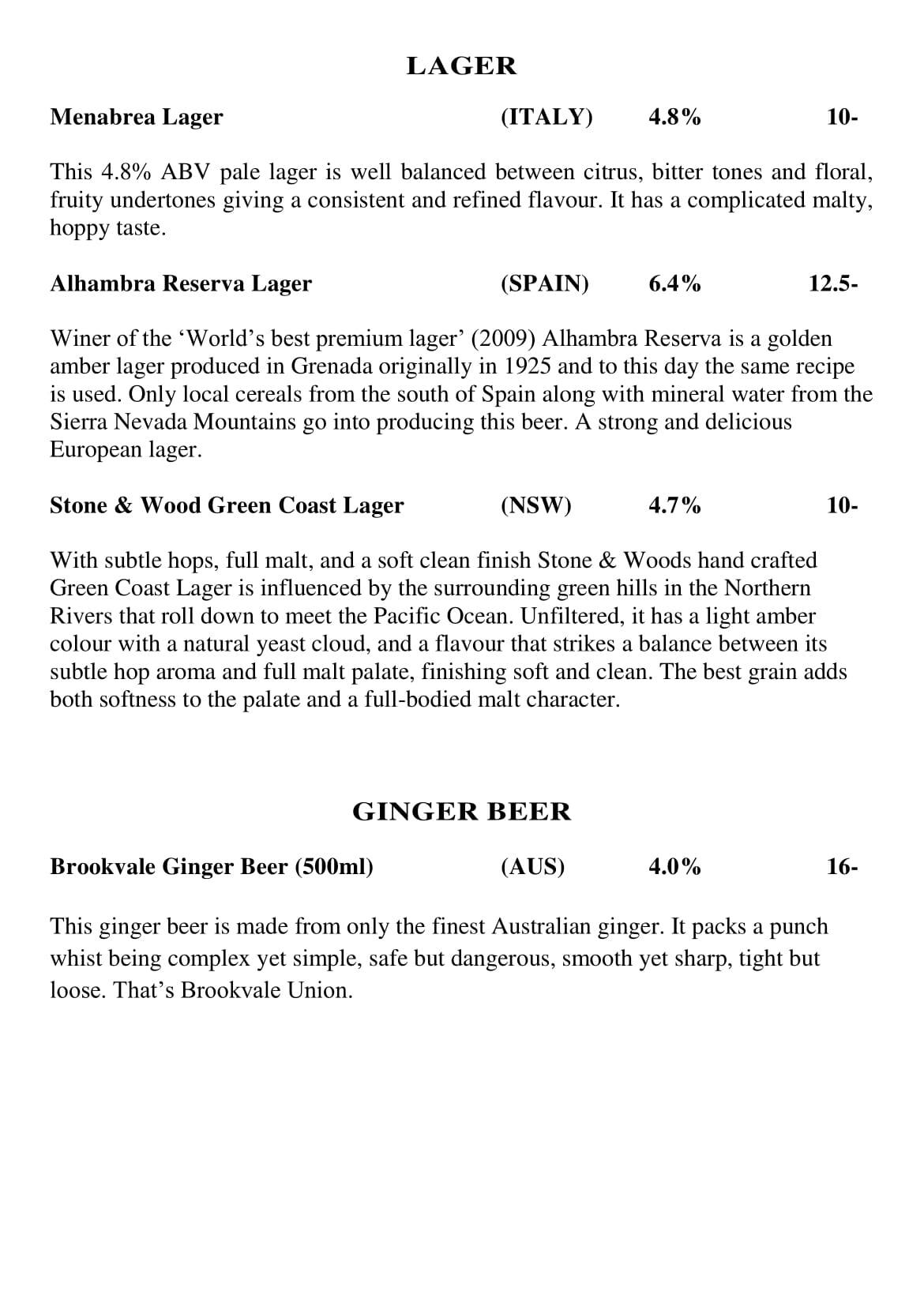 Menu at The Laneway restaurant, Brisbane City