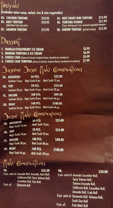 Menu at Sushi Gen restaurant, Winnipeg, 500 Portage Ave