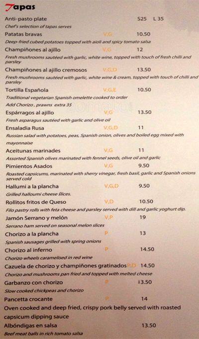 Menu at La Tapa Guapa restaurant, Sydney