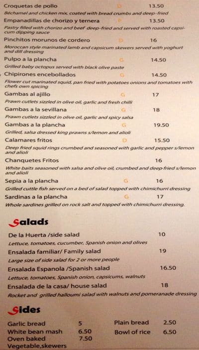 Menu at La Tapa Guapa restaurant, Sydney