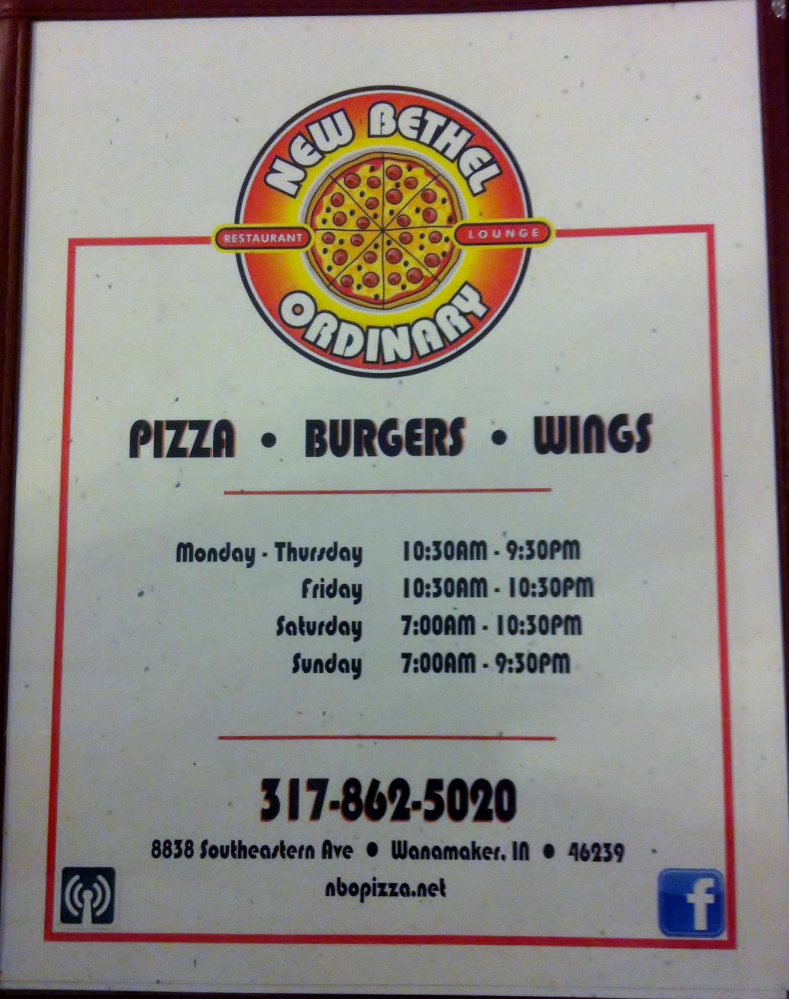 Menu at New Bethel Ordinary pizzeria, Indianapolis, Southeastern Ave