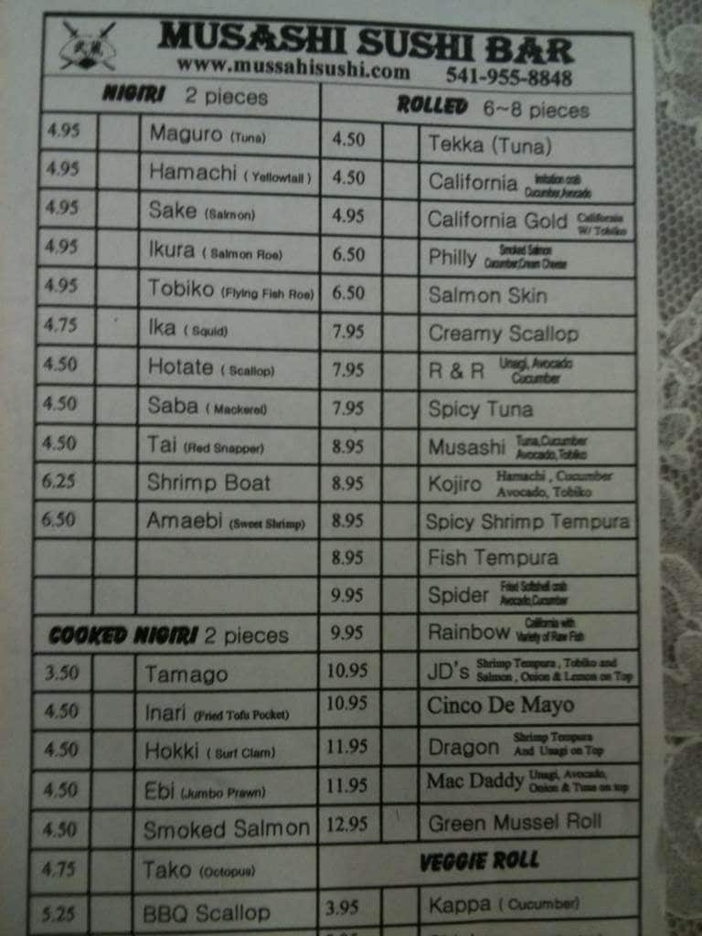 Menu at Musashi restaurant, Grants Pass