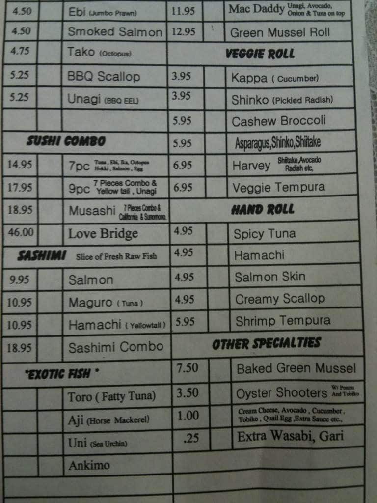 Menu at Musashi restaurant, Grants Pass