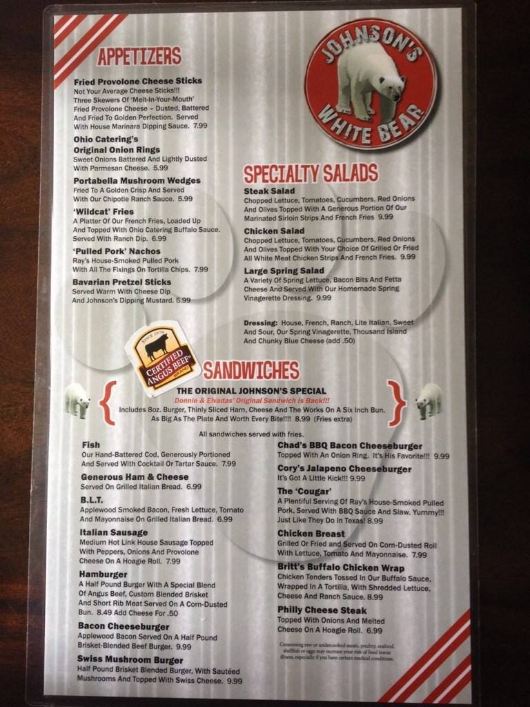 Menu at Johnson's White Bear Inn steakhouse, East Springfield